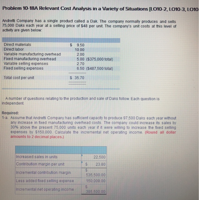 Solved Problem 10-18A Relevant Cost Analysis in a Variety of | Chegg.com