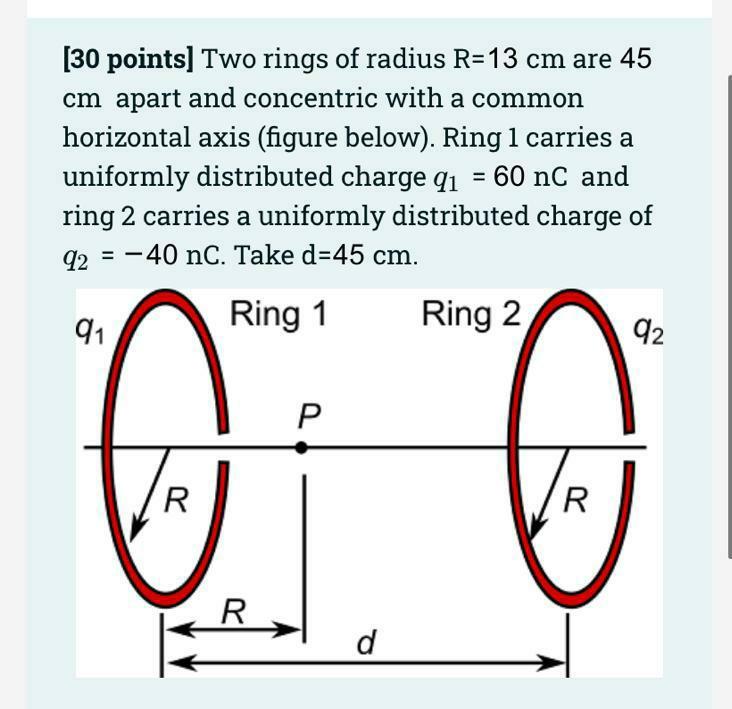 Solved [ 30 points] Two rings of radius R=13 cm are 45 cm | Chegg.com