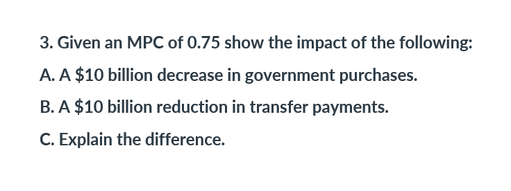Solved 3. Given an MPC of 0.75 show the impact of the | Chegg.com
