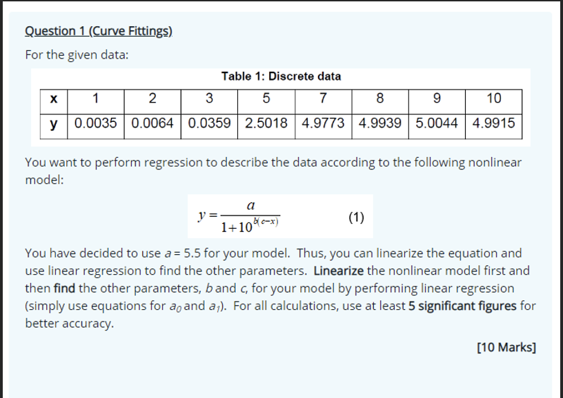 Question 1 (Curve Fittings) For the given data: You | Chegg.com