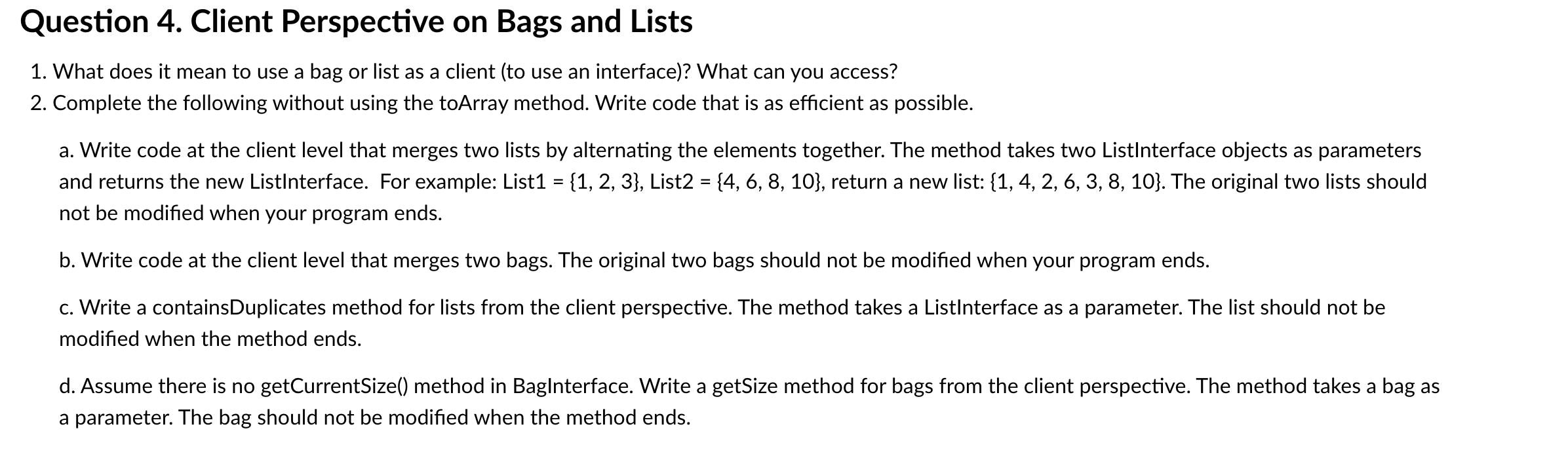 Solved Question 4. Client Perspective on Bags and Lists 1. | Chegg.com