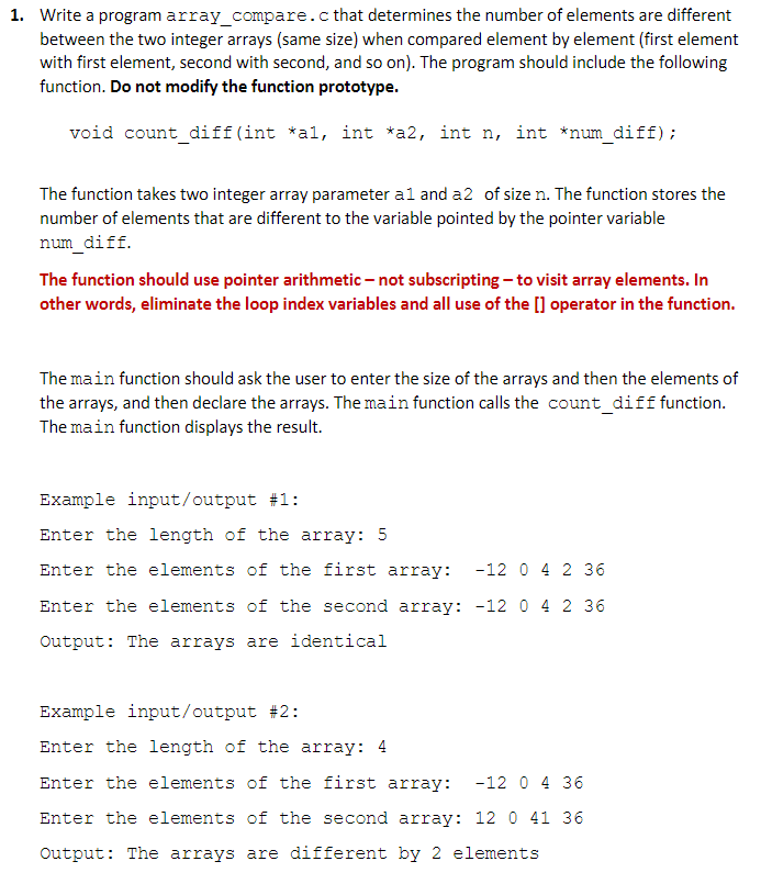 1. Write a program array_compare.c that determines | Chegg.com