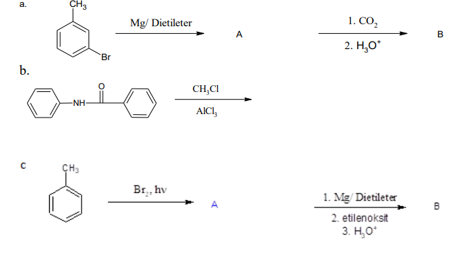 Solved a. Mg/ Dietileter A 1. CO2 2. H3O+ b. AlCl3 CH3Cl C | Chegg.com