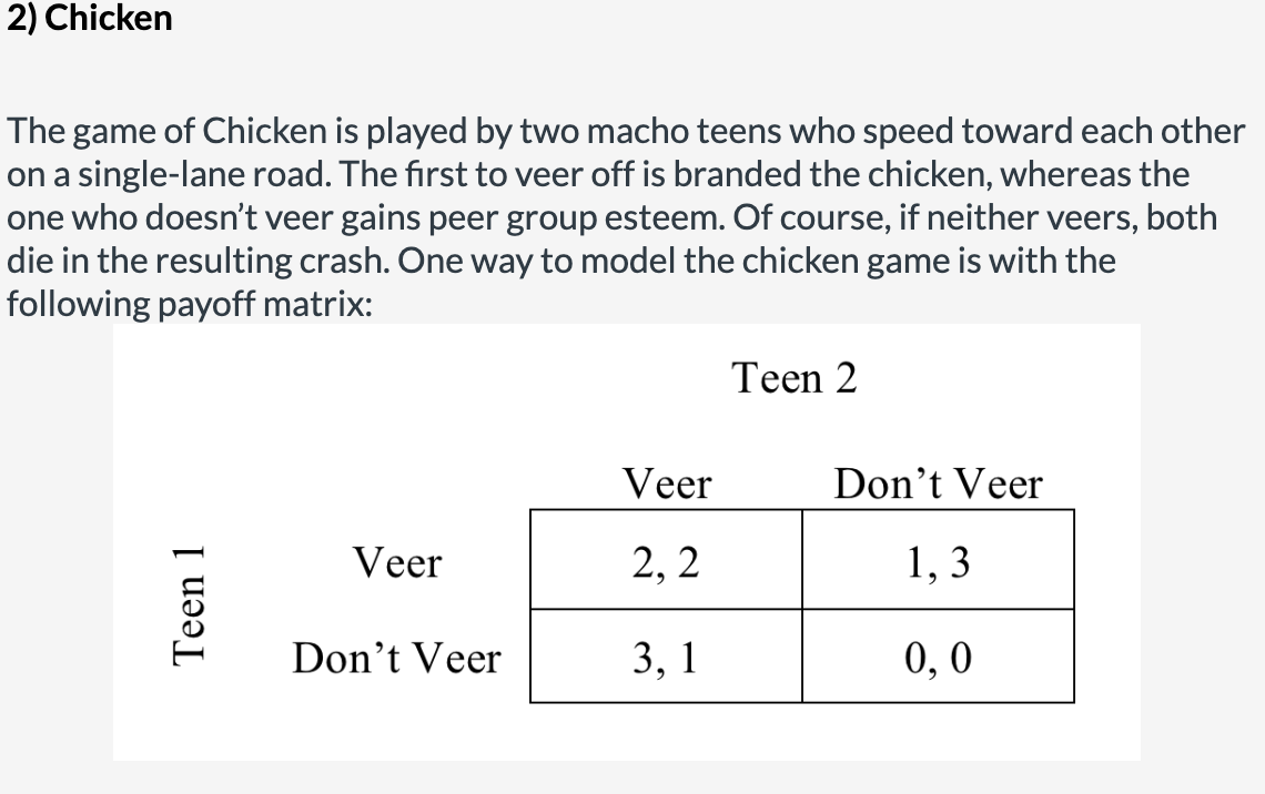 The game of Chicken is played by two macho teens who | Chegg.com