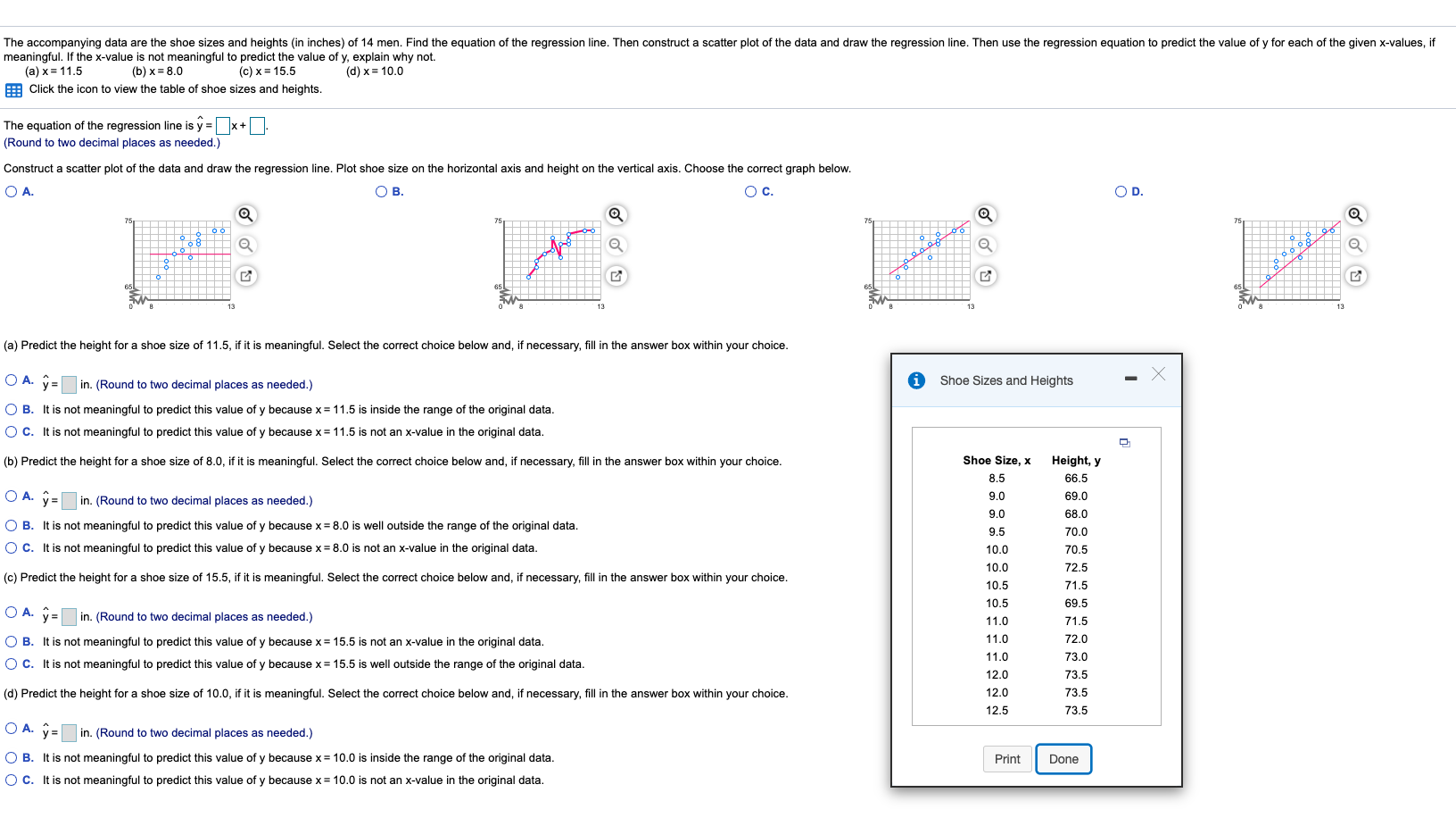 Solved The accompanying data are the shoe sizes and heights | Chegg.com