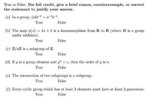 Solved True or False. Give a brief reason, counterexample, | Chegg.com