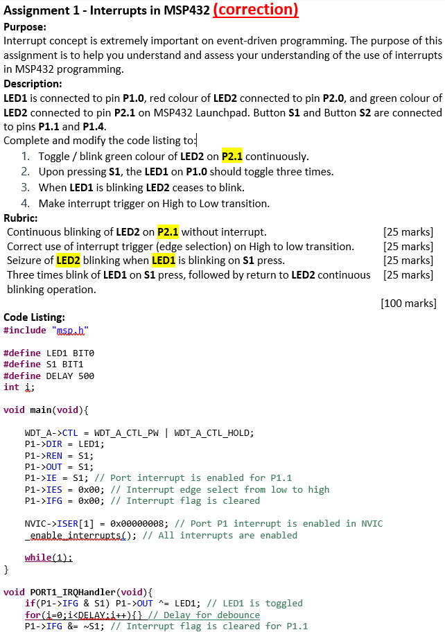 Solved Assignment 1 - Interrupts in MSP432 (correction) | Chegg.com