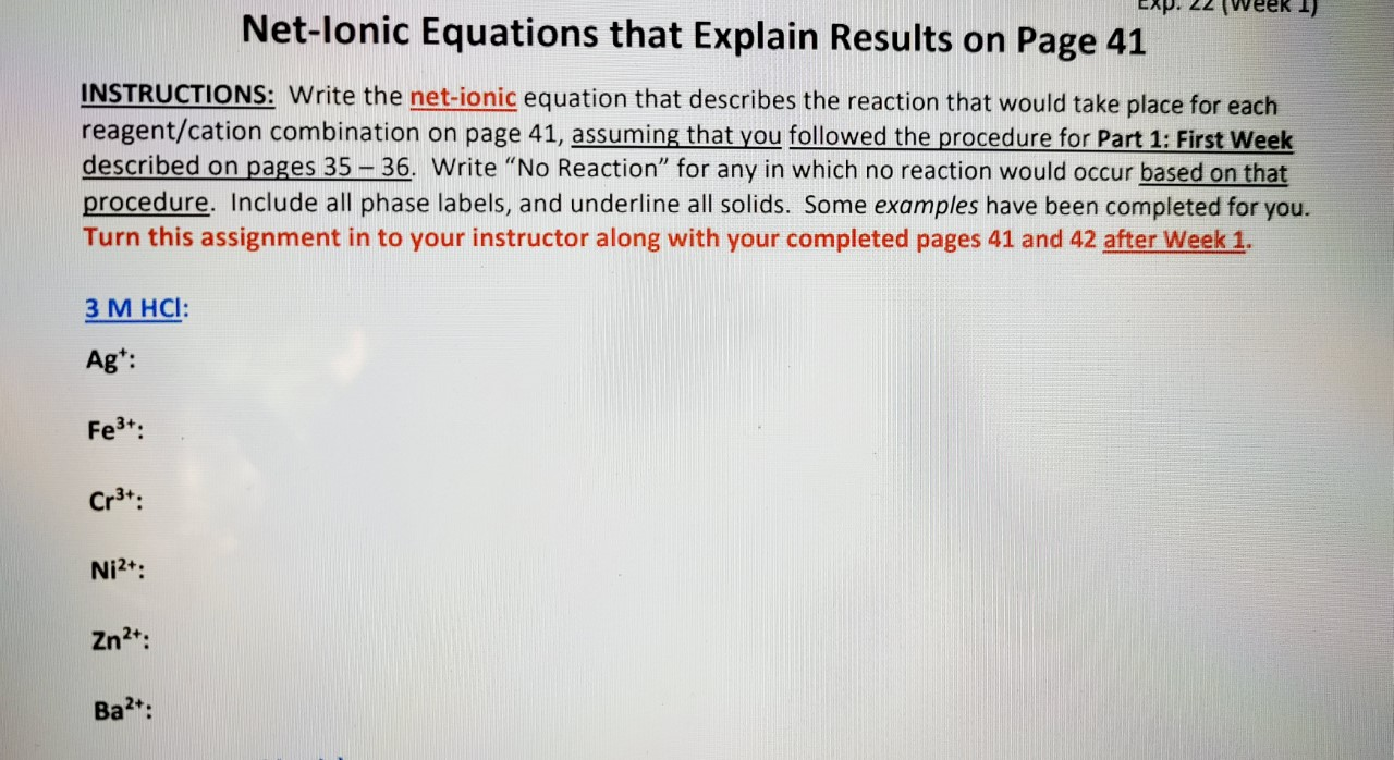Net-lonic Equations that Explain Results on Page 41 | Chegg.com