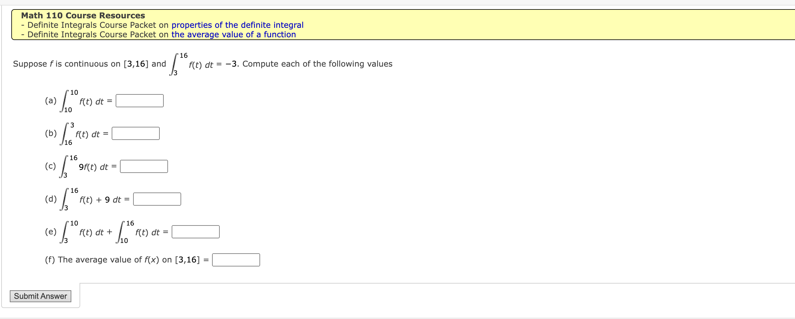 Solved Math 110 Course Resources - Definite Integrals Course | Chegg.com