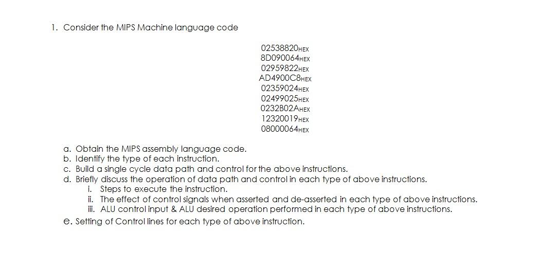 Solved 1. Consider the MIPS Machine language code | Chegg.com