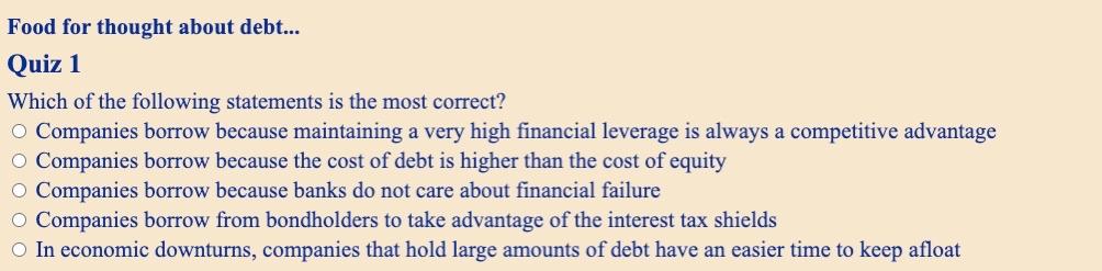 Solved Food for thought about debt... Quiz 1 Which of the | Chegg.com