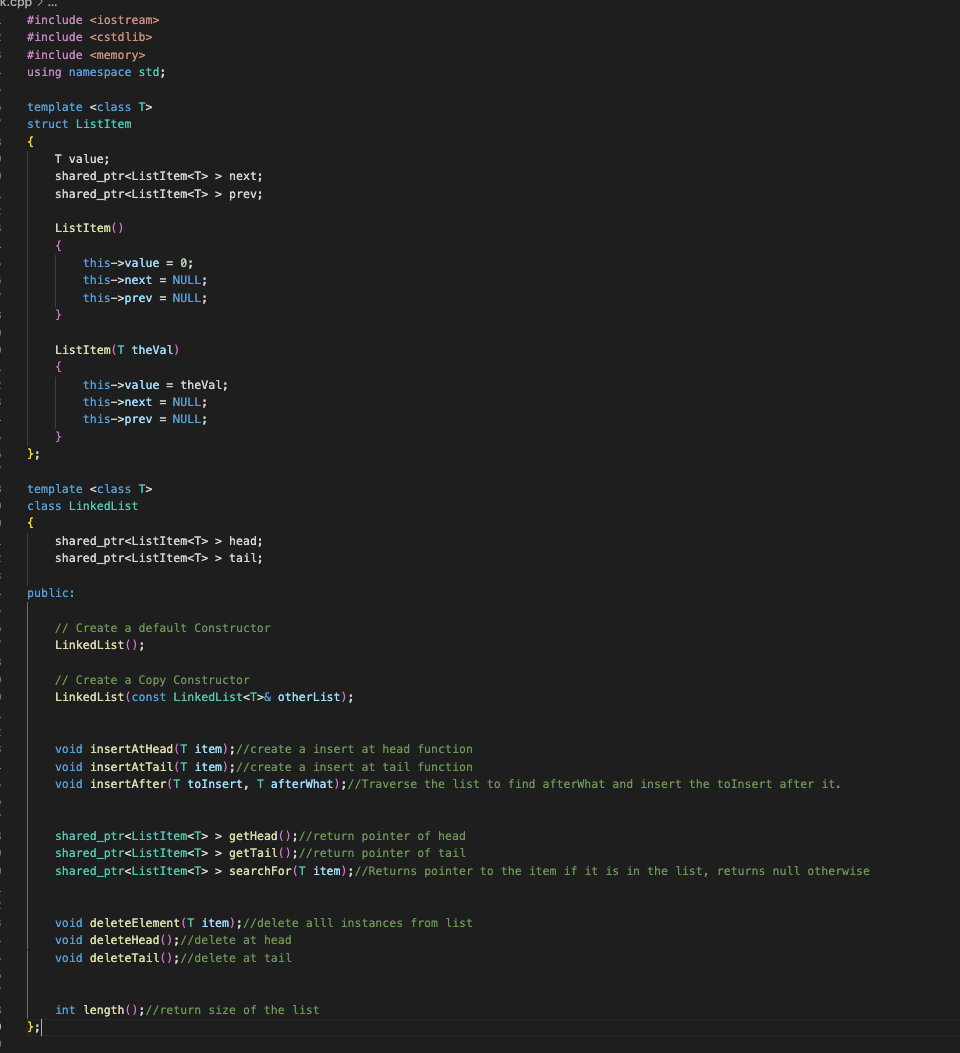 Solved Please code the following functions of a linked list | Chegg.com