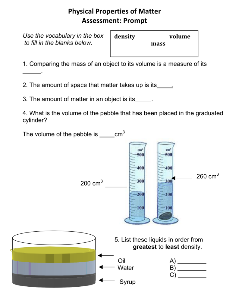 Solved Physical Properties of Matter Assessment: Prompt Use | Chegg.com
