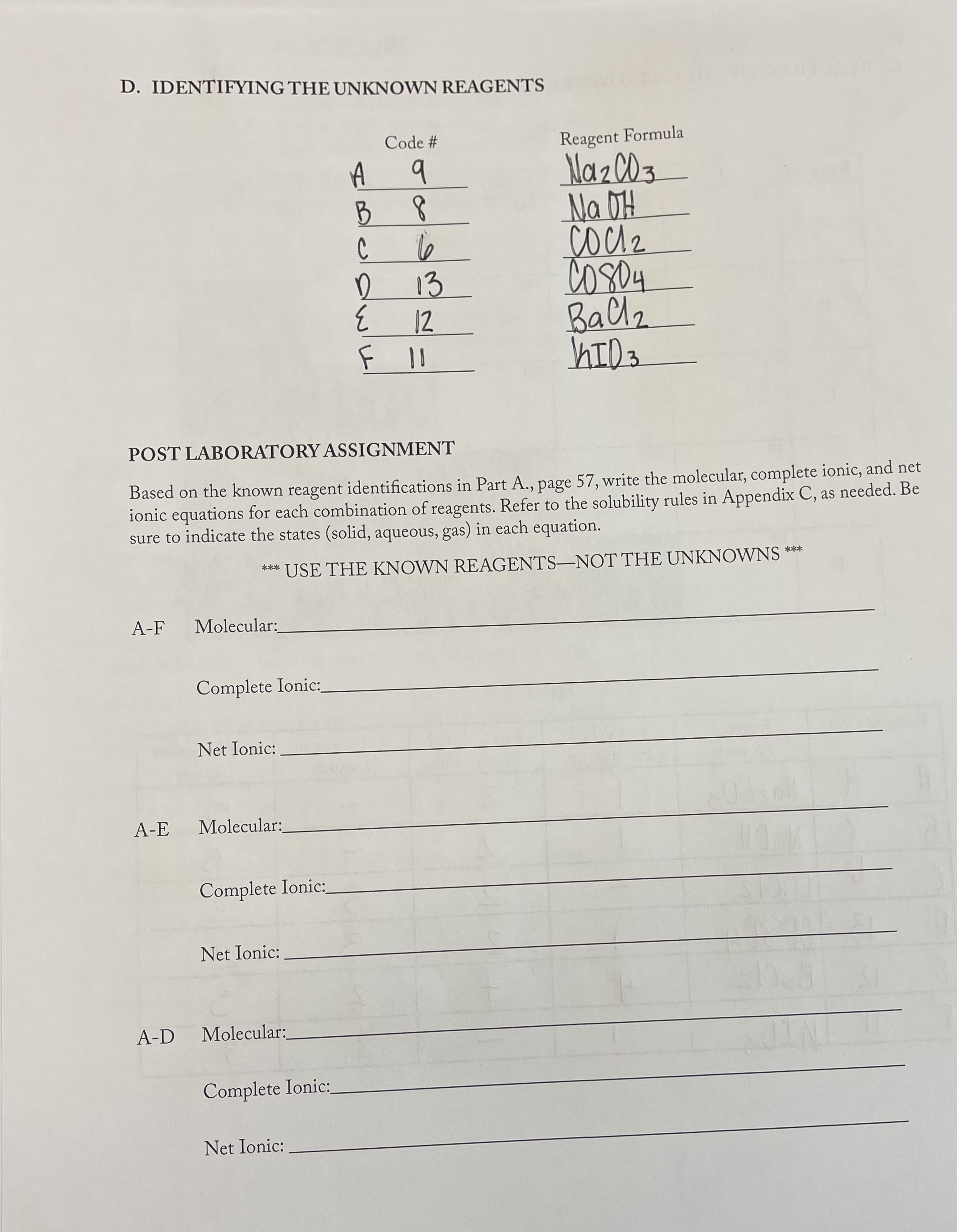 Solved A. KNOWN REAGENTSD. IDENTIFYING THE UNKNOWN REAGENTS | Chegg.com