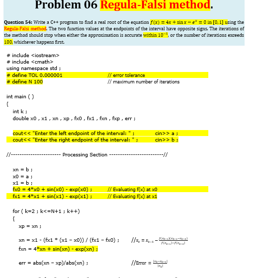 Solved Problem 06 Regula-Falsi method. Question 54: Write a | Chegg.com