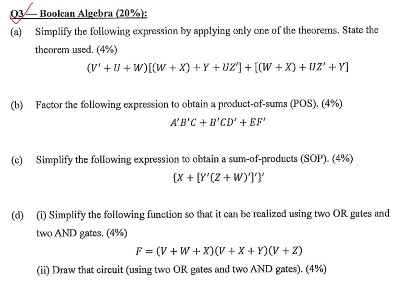Q3 Boolean Algebra 20 A Simplify The