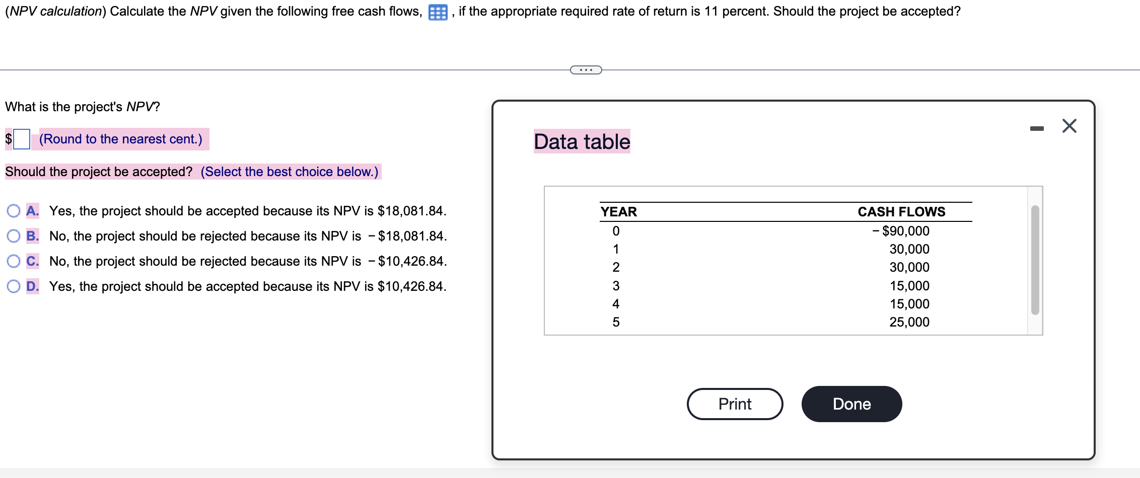 Solved (NPV calculation) Calculate the NPV given the | Chegg.com
