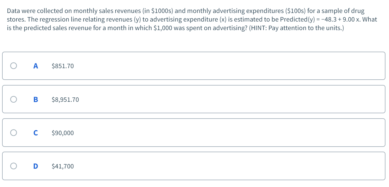 Solved Data were collected on monthly sales revenues (in | Chegg.com