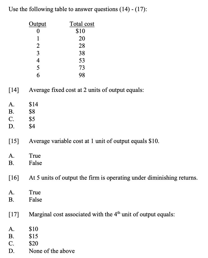 Solved Use the following table to answer questions | Chegg.com