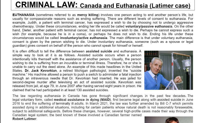 CRIMINAL LAW: Canada and Euthanasia (Latimer case) | Chegg.com