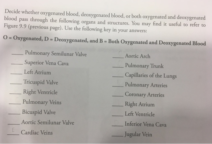 Solved Decide whether oxygenated blood, deoxygenated blood, | Chegg.com