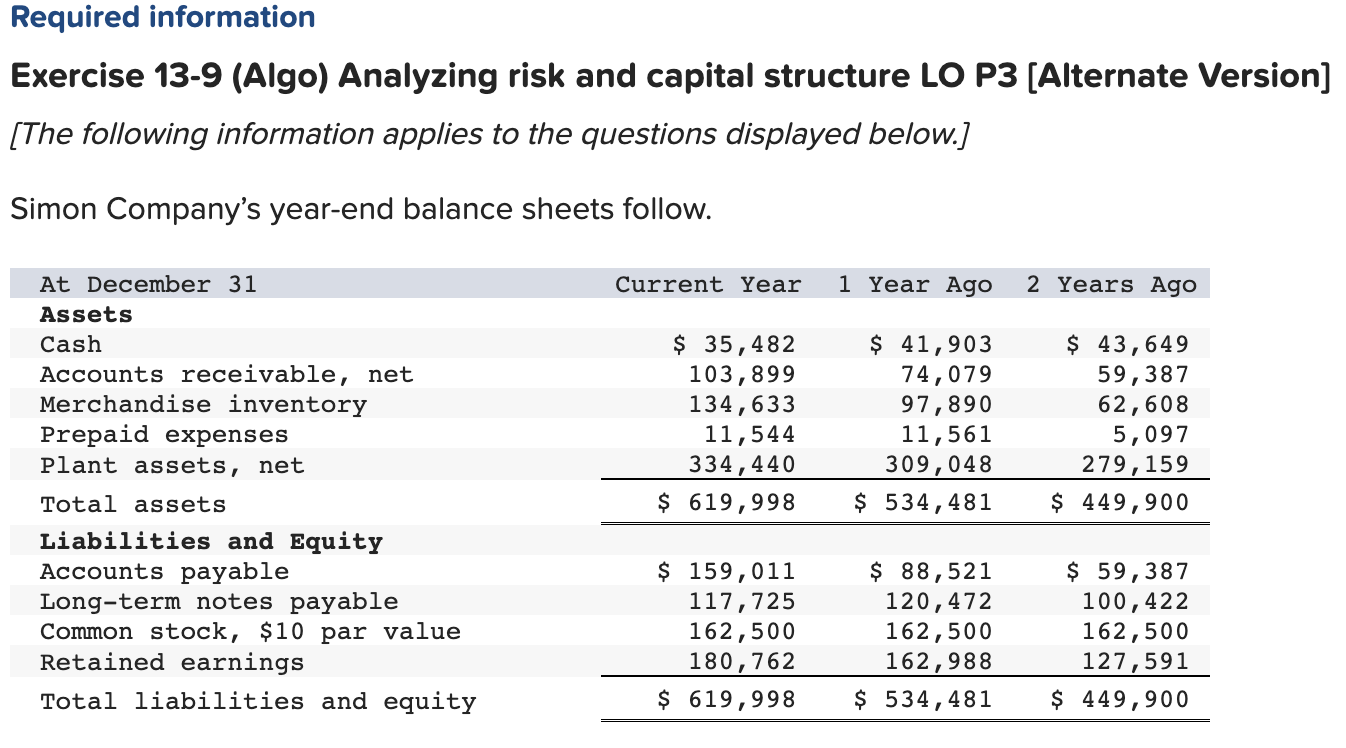 Solved Exercise 13-9 (Algo) Analyzing risk and capital | Chegg.com