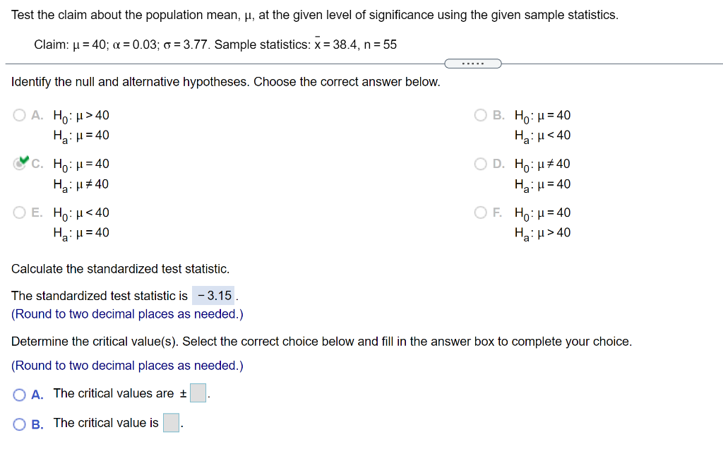 Solved Test the claim about the population mean, p, at the | Chegg.com
