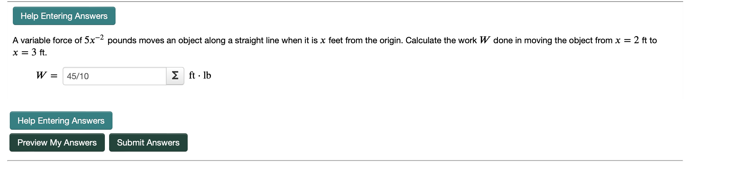 Solved A variable force of 5x−2 pounds moves an object along | Chegg.com