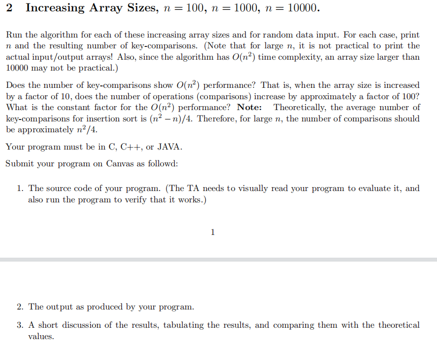 2 Increasing Array Sizes, n=100,n=1000,n=10000 Run | Chegg.com