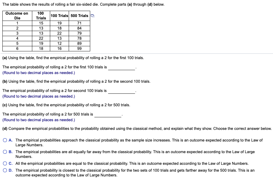 Solved The table shows the results of rolling a fair | Chegg.com