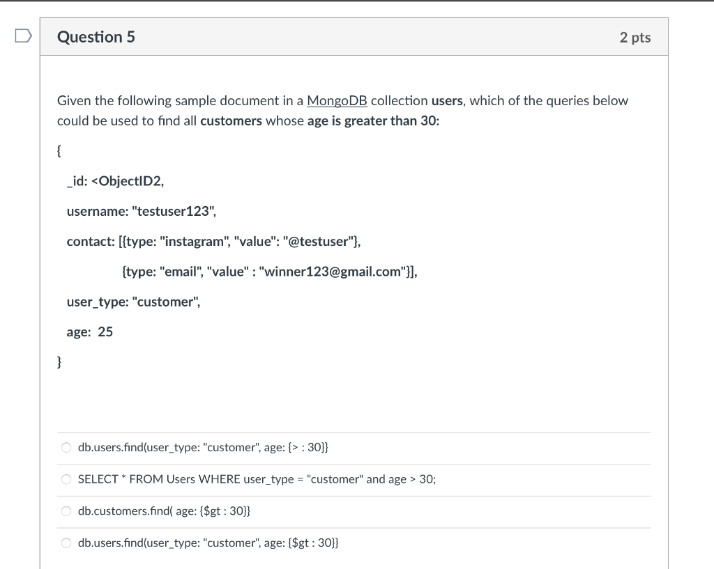 Solved Question 5 2 pts Given the following sample document | Chegg.com