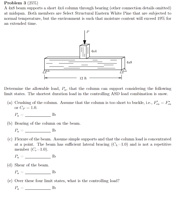 Solved Problem 3 (25\%) A 4x8 beam supports a short 4x4 | Chegg.com