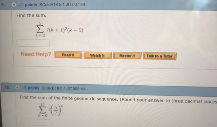 Solved 9. -1 points SCalcET8 5.1.JIT.007. M Find the sum. Σ | Chegg.com Solved 9. -1 points SCalcET8 5.1.JIT.007. M Find the sum. Σ | Chegg.com