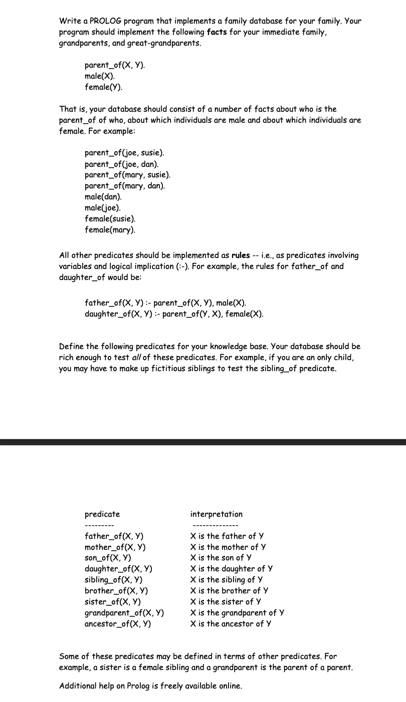 Solved Write a PROLOG program that implements a family | Chegg.com Solved Write a PROLOG program that implements a family | Chegg.com