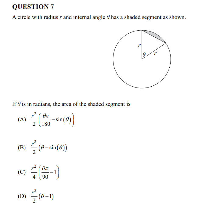 Solved QUESTION 7 A circle with radius r and internal angle | Chegg.com