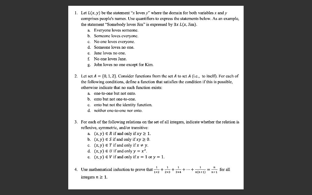 Solved 1. Let L(x,y) be the statement " x loves y " where | Chegg.com