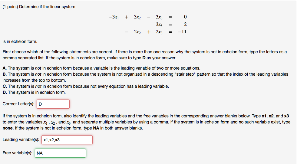 Solved (1 point) Determine if the linear system -3x1 + 3x2 = | Chegg.com