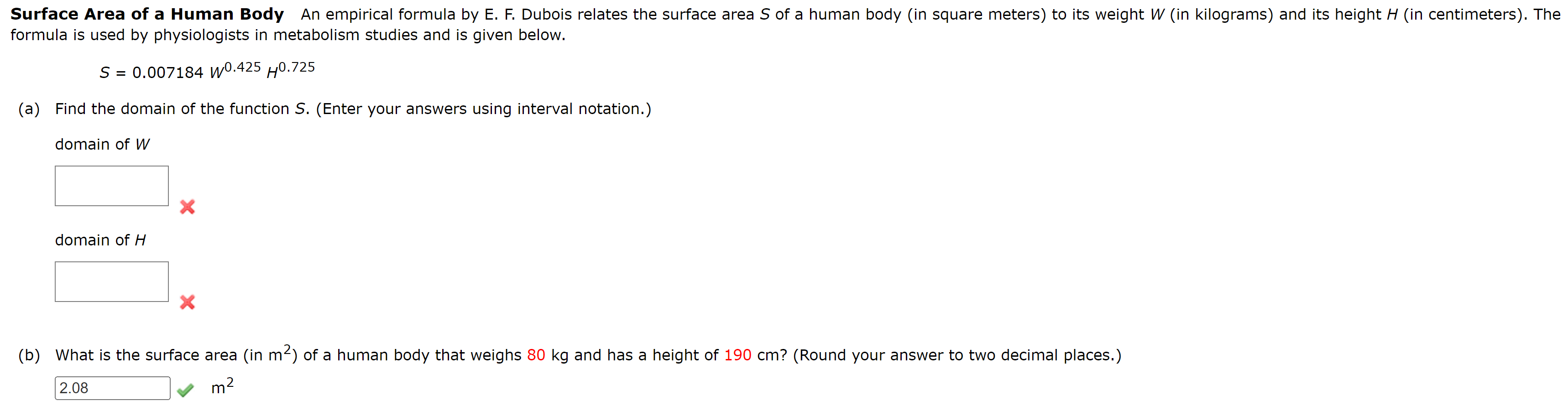 Solved Surface Area of a Human Body An empirical formula by | Chegg.com