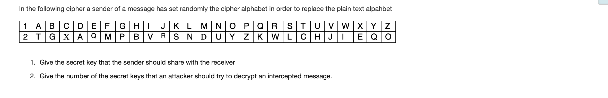Solved In the following cipher a sender of a message has set | Chegg.com