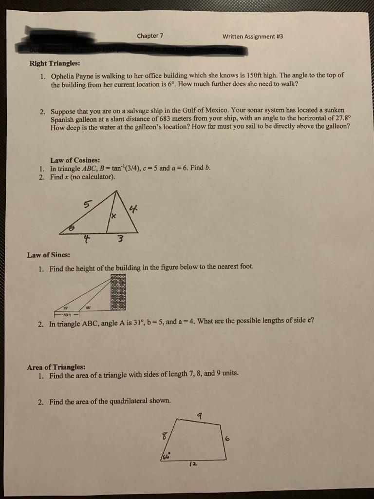 Solved Chapter 7 Written Assignment #3 Right Triangles: 1. | Chegg.com
