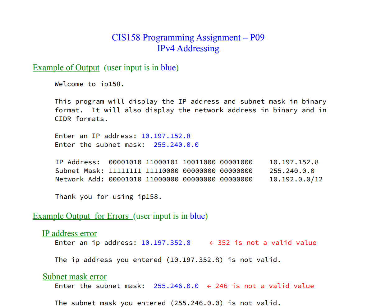 CIS158 Programming Assignment – P09 IPv4 Addressing | Chegg.com