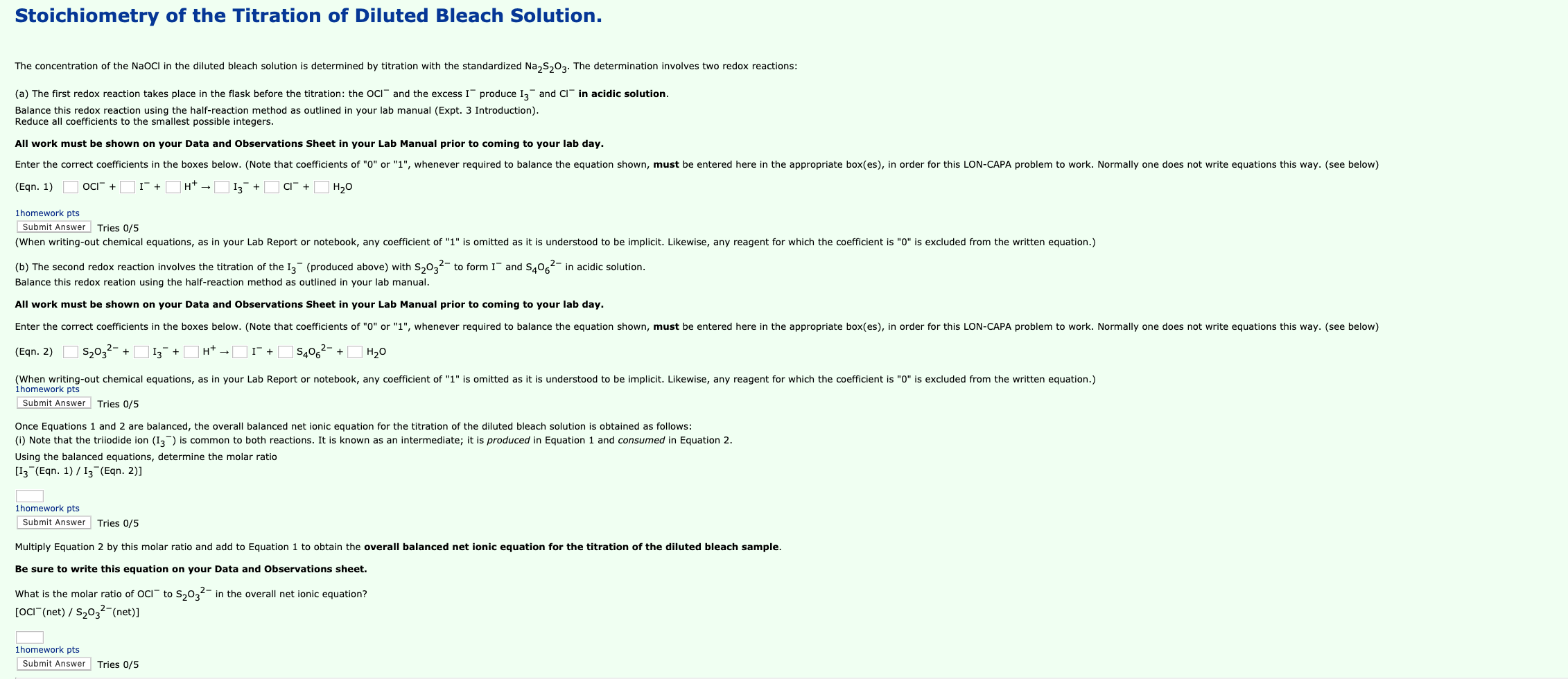 Solved Stoichiometry of the Titration of Diluted Bleach | Chegg.com