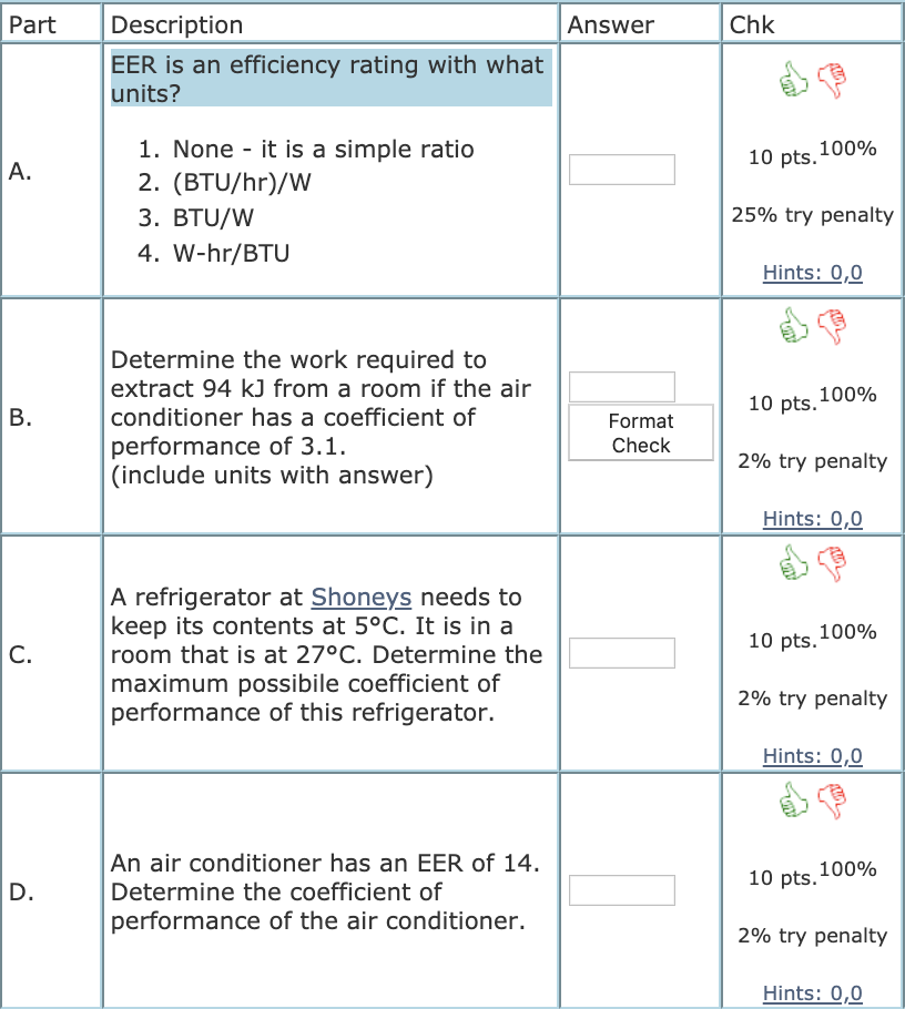 Solved Part Answer Chk Description EER is an efficiency | Chegg.com