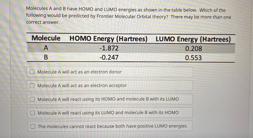 Solved Molecules A and B have HOMO and LUMO energies as | Chegg.com