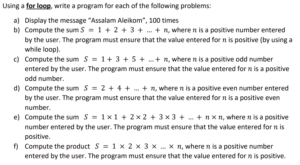 Solved Using a for loop, write a program for each of the | Chegg.com