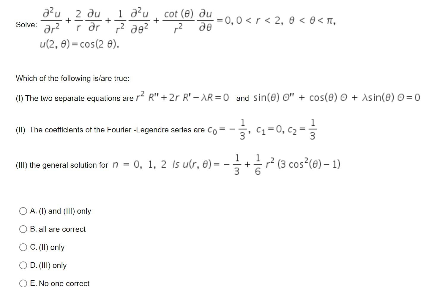 Solved Solve: ∂r2∂2u+r2∂r∂u+r21∂θ2∂2u+r2cot(θ)∂θ∂u=0,0 | Chegg.com