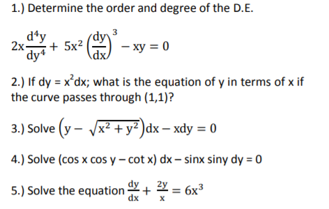 Solved 1.) Determine the order and degree of the D.E. dạy 3 | Chegg.com