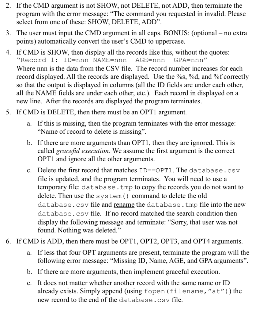 QUESTION Write a C program called: ./database CMD | Chegg.com