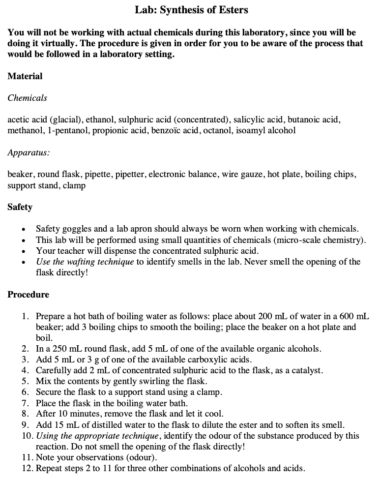 Solved Lab: Synthesis of Esters You will not be working with | Chegg.com