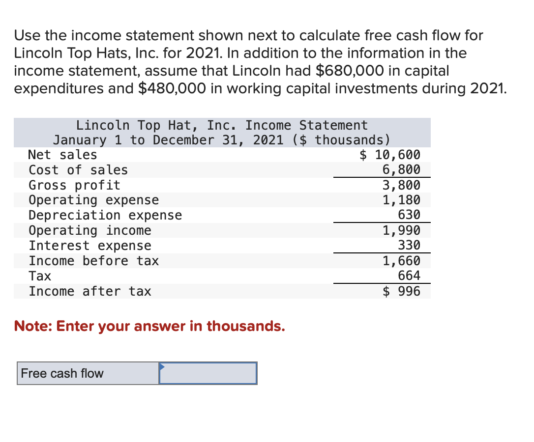 Solved Use the income statement shown next to calculate free | Chegg.com